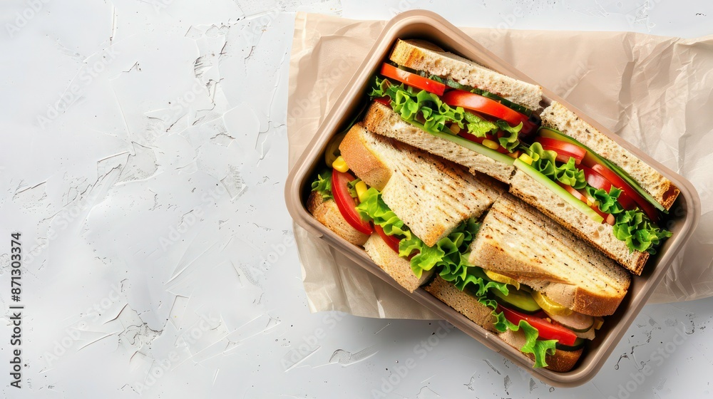 Lunch box with sandwich and vegetables top view angle on isolated ...
