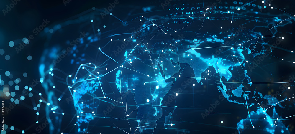 Abstract digital world map, concept of global network and connectivity, artificial general ...