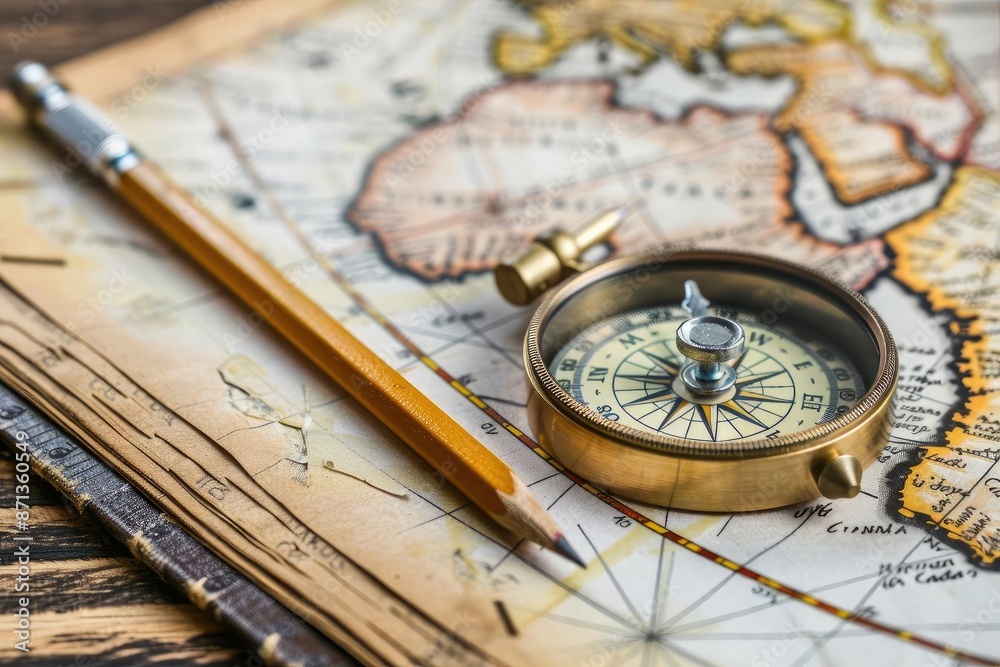 Vintage map with a pencil and compass, symbolizing exploration and ...