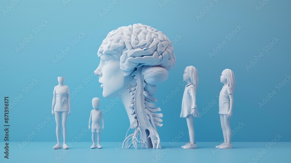 3D rendering of a human brain and four human figures in different ...