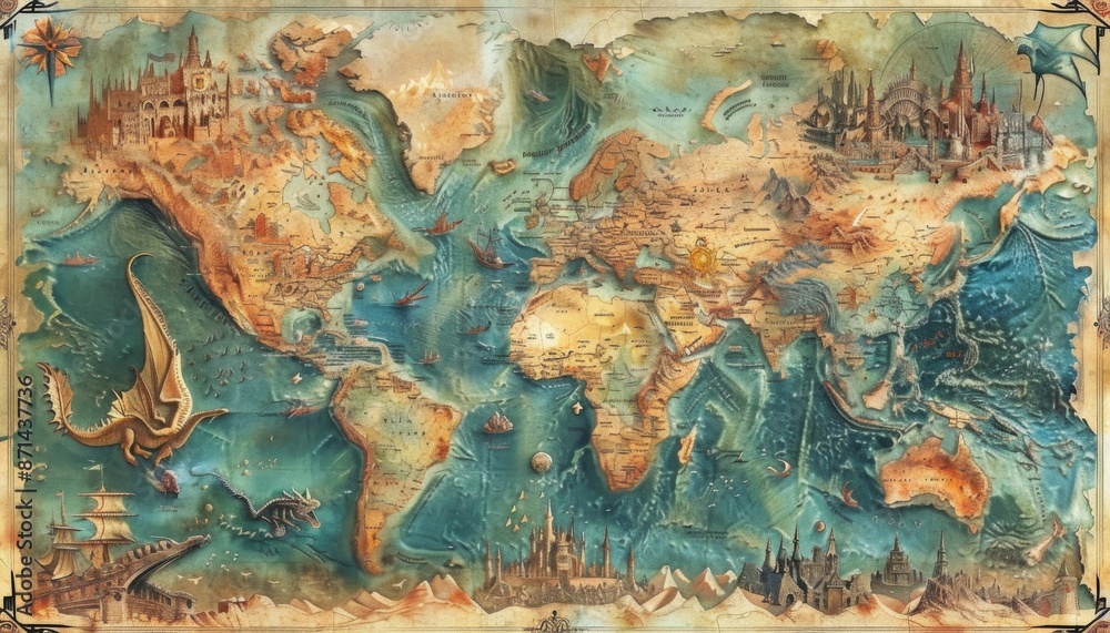 Fantasy world map, mythical, pastel colors, sketch, with dragons and magical creatures ...