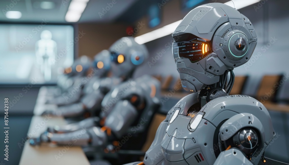 AI humanoid robots in a futuristic classroom learning from holographic ...