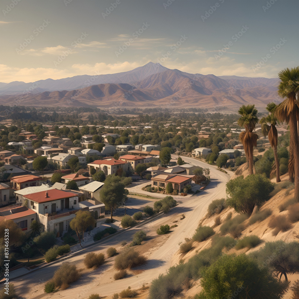 Early days, about 60s Redlands CA. view from hill top of valley and ...