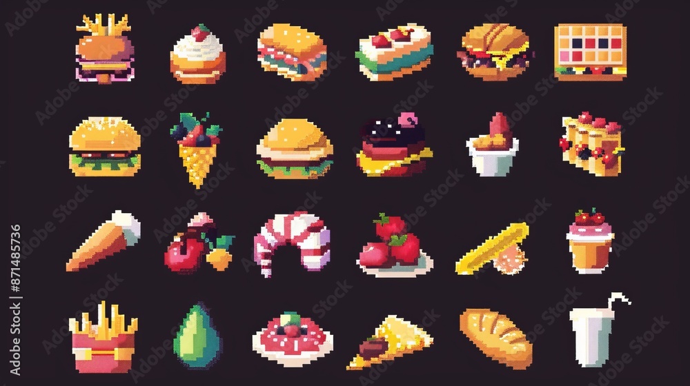 Food pixel art 80s style icons element design stickers, logo, menu ...