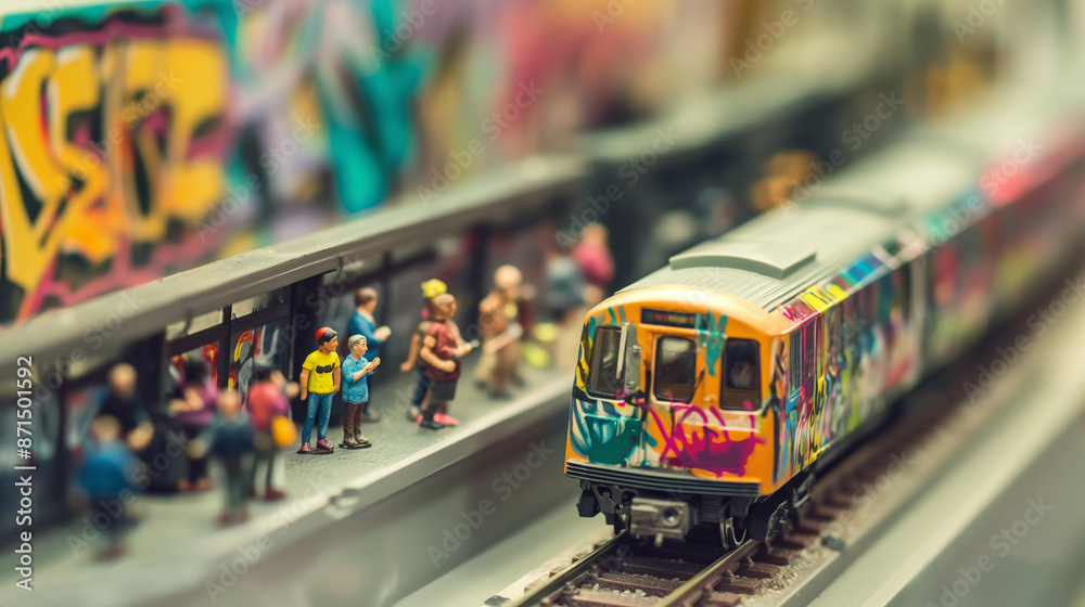 Psychedelic metro train with vibrant graffiti art traveling through a ...