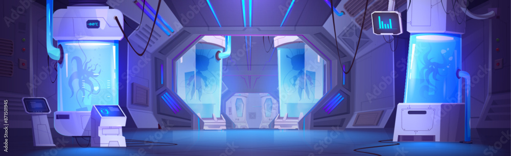 Vector de Stock Futuristic science lab with space aliens in cryogenic capsules. Vector cartoon ...