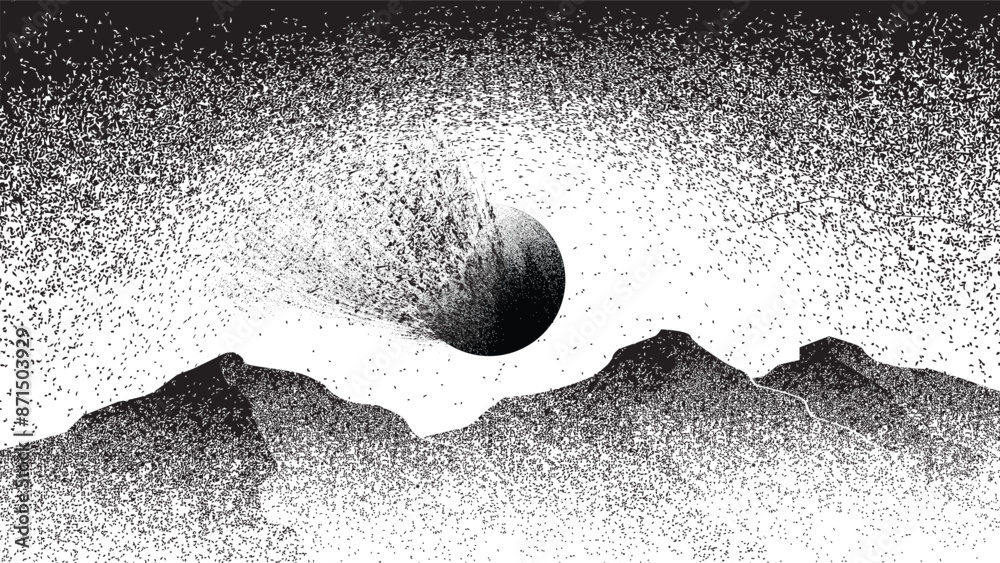 Comet explosion in space. Futuristic landscape, with noise texture ...