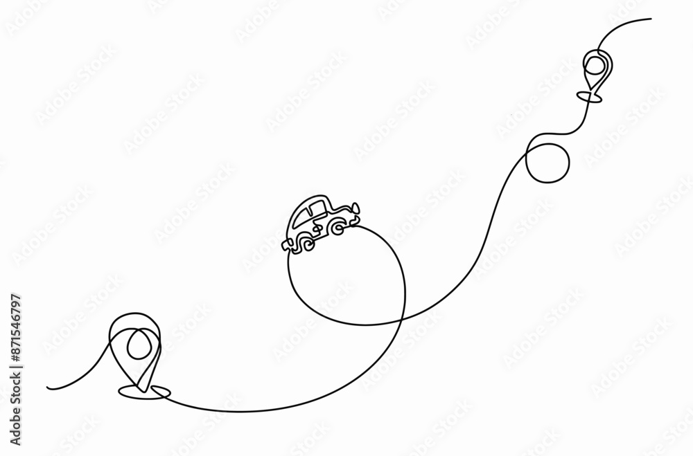 Continuous line drawing of destination line path of car route with ...