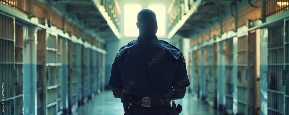 Stern correctional officer standing guard in a dimly lit prison hallway ...