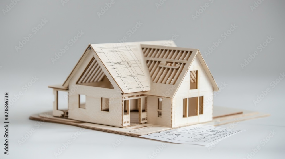 Realistic wooden model of a house with blueprint details, isolated ...