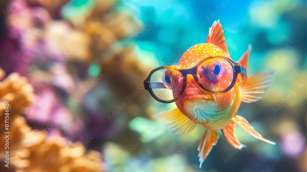 A fish wearing glasses is swimming in a coral reef. The image has a ...