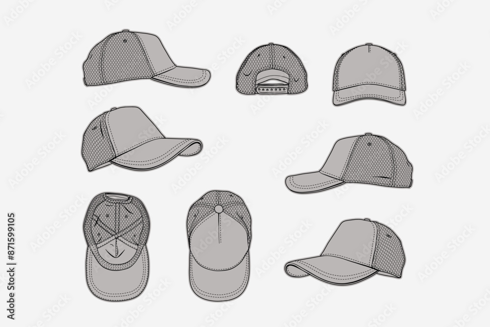 2d illustration of cap. Outline vector image set. Front, back, top ...