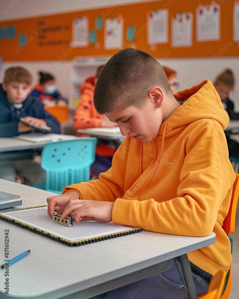 Student reading Braille in a modern classroom, International Literacy ...