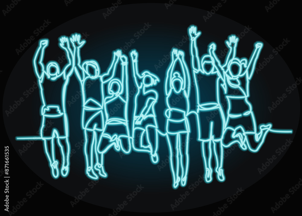 Continuous line drawing of seven jumping happy team members.one ...