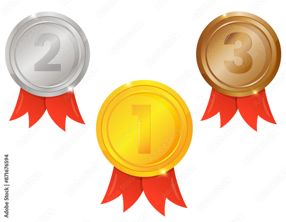 Gold silver and bronze award medal with red ribbons. Cartoon winner ...