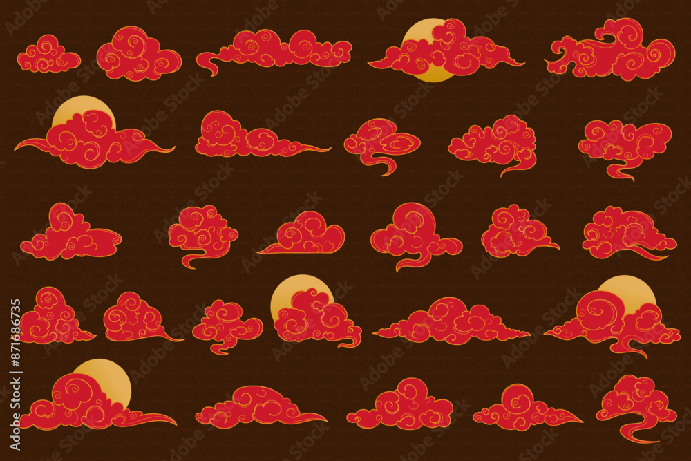 Hand drawn linear oriental clouds. Chinese cloud element collection ...