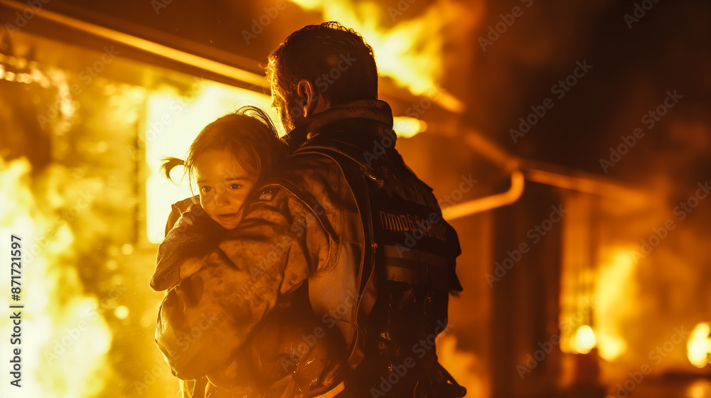 A firefighter helps a little girl escape from a fire, carrying her to ...