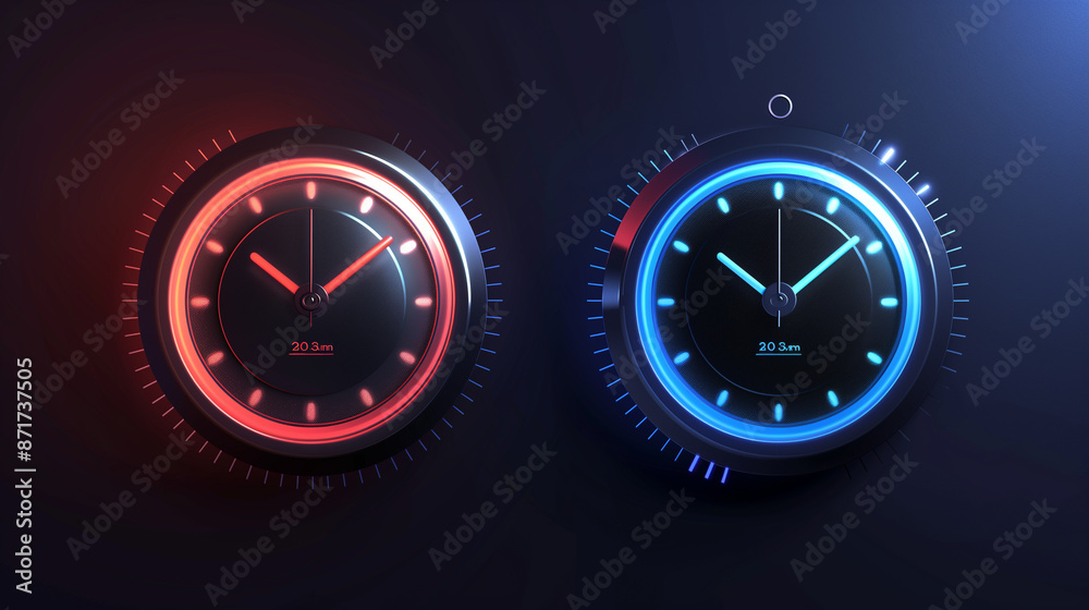 Clock Application on Light and Dark Backgrounds, Day and Night UI Design, Digital Countdown App ...