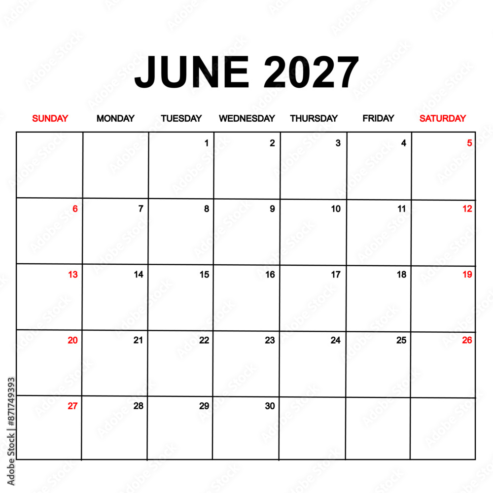 june 2027 with holydays or red dates. monthly calendar design with week ...