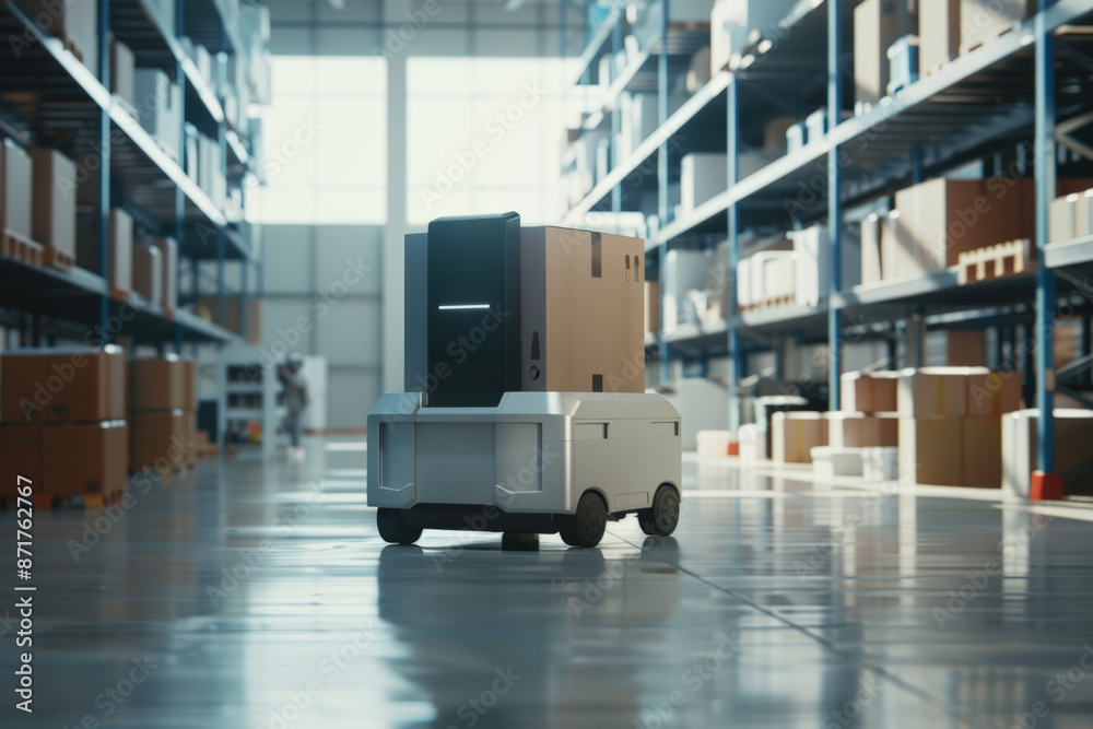 Autonomous mobile robot efficiently transports boxes in a modern warehouse, showcasing ...