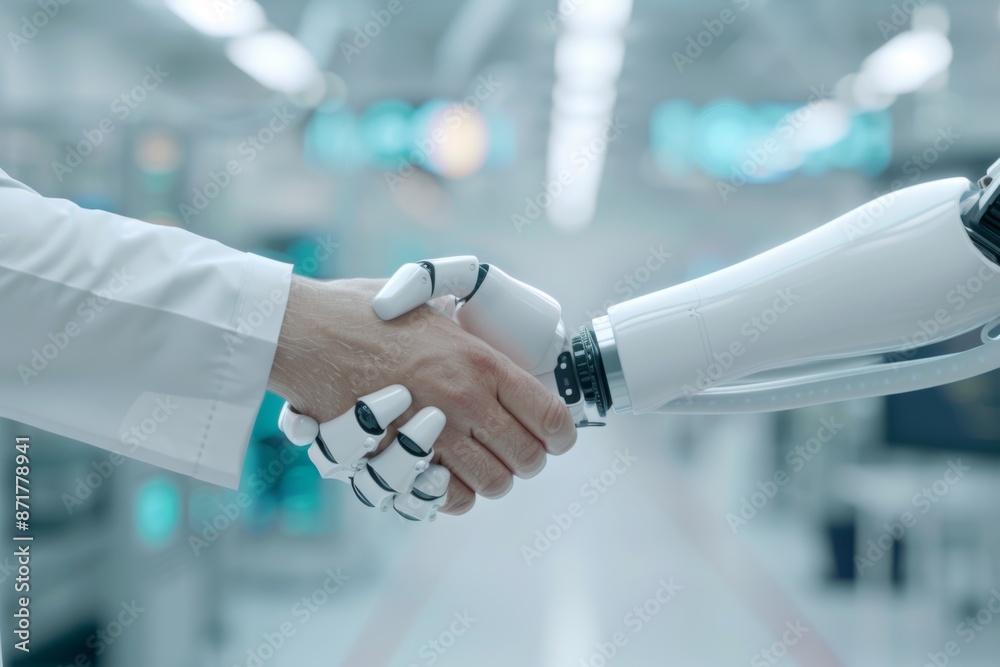 Doctor and robot shake hands in harmony - symbolizing the collaboration ...