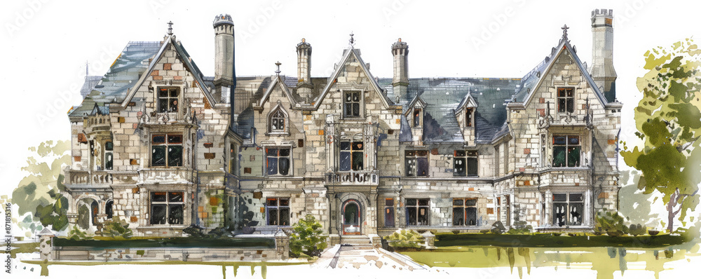 An architectural sketch of a historic British manor house, with ornate ...