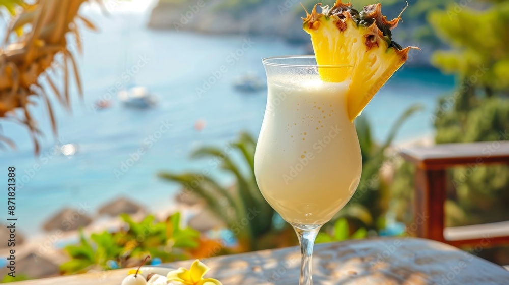 Refreshing pina colada cocktail against amazing beach background with ...