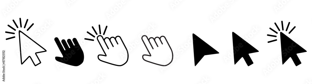 Computer mouse click cursor arrow icons set. Clicking cursor. Hand cursors icons click set ...