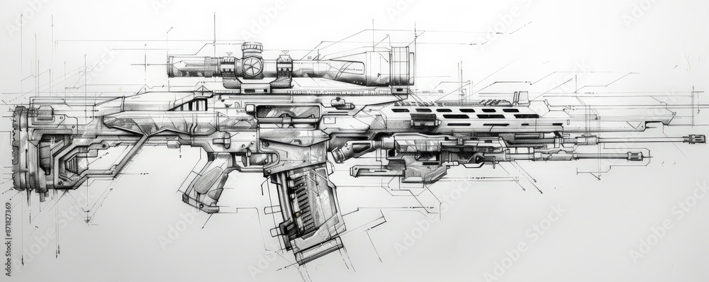 A technical sketch of an assault rifle, detailing its stock, barrel ...