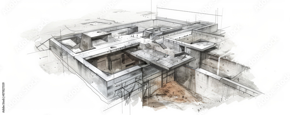 An architectural sketch of a military bunker, displaying reinforced ...