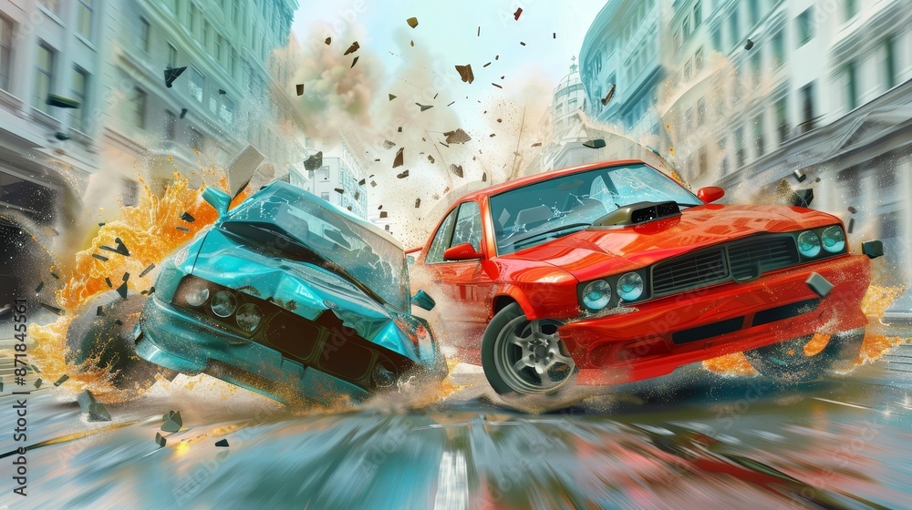 Realistic illustration of two cars colliding in a conceptual scene ...