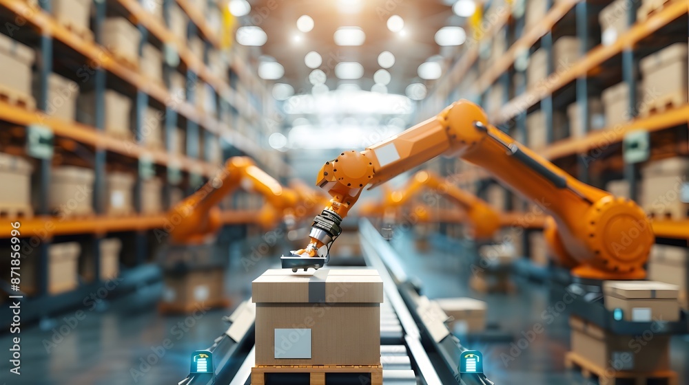 Automated High-Tech Warehouse with Robotic Arms Sorting Packages for Efficient Supply Chain ...