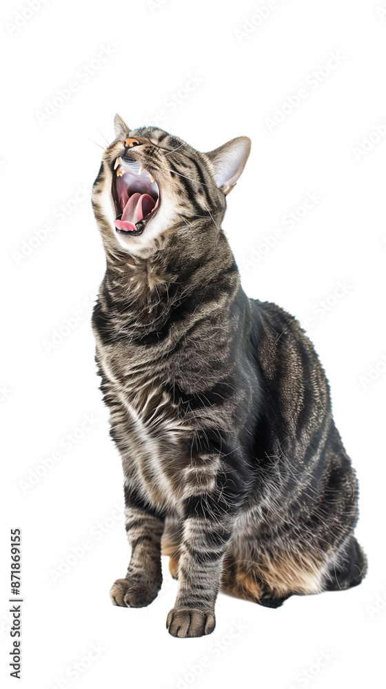 Full body shot of American Polydactyl Cat cat yawning. Transparent ...