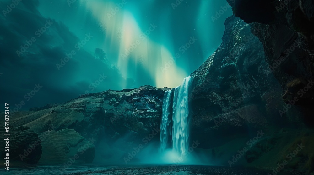 The breathtaking view of a waterfall under a night sky, with the aurora ...