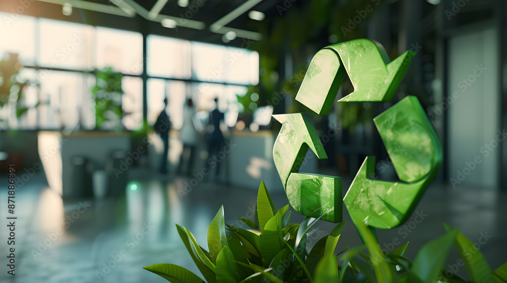 Green recycle symbol icon sign with professional environment background ...