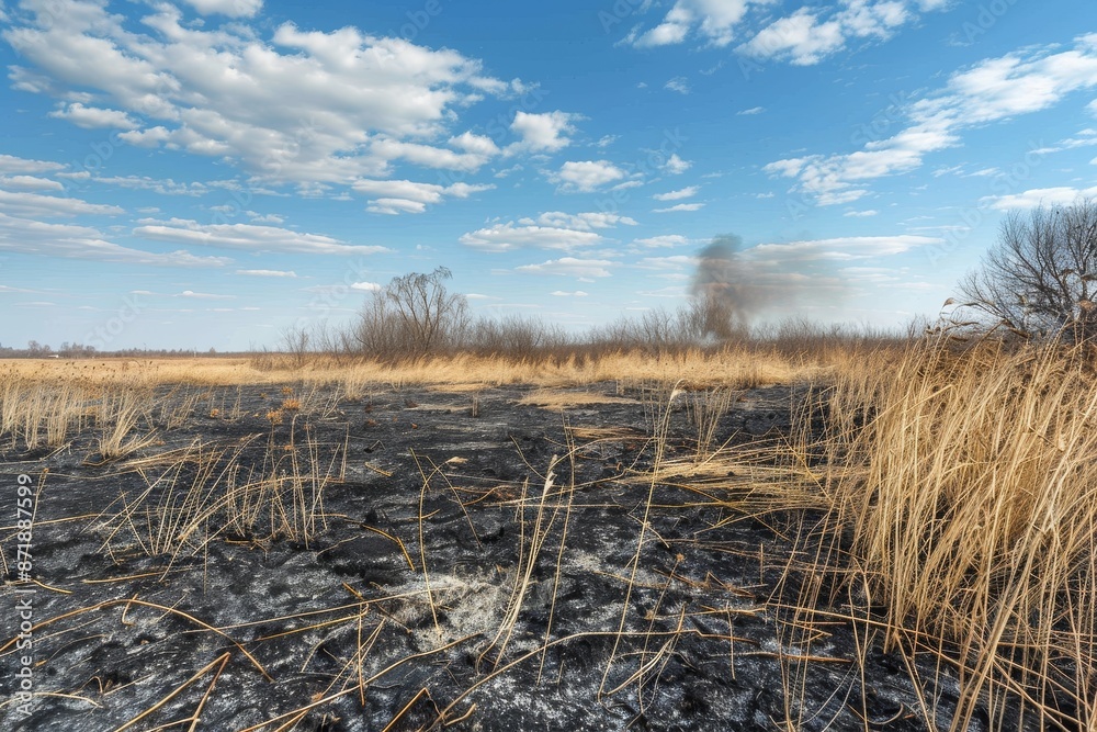Field scorched after wildfire Environment impacted by natural disaster ...