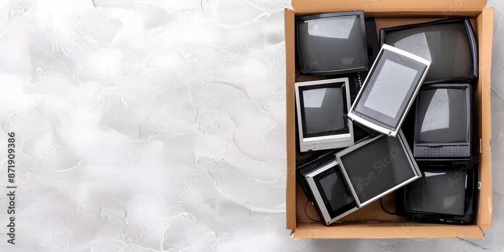 Old electronics in a cardboard box for ewaste recycling or donation ...