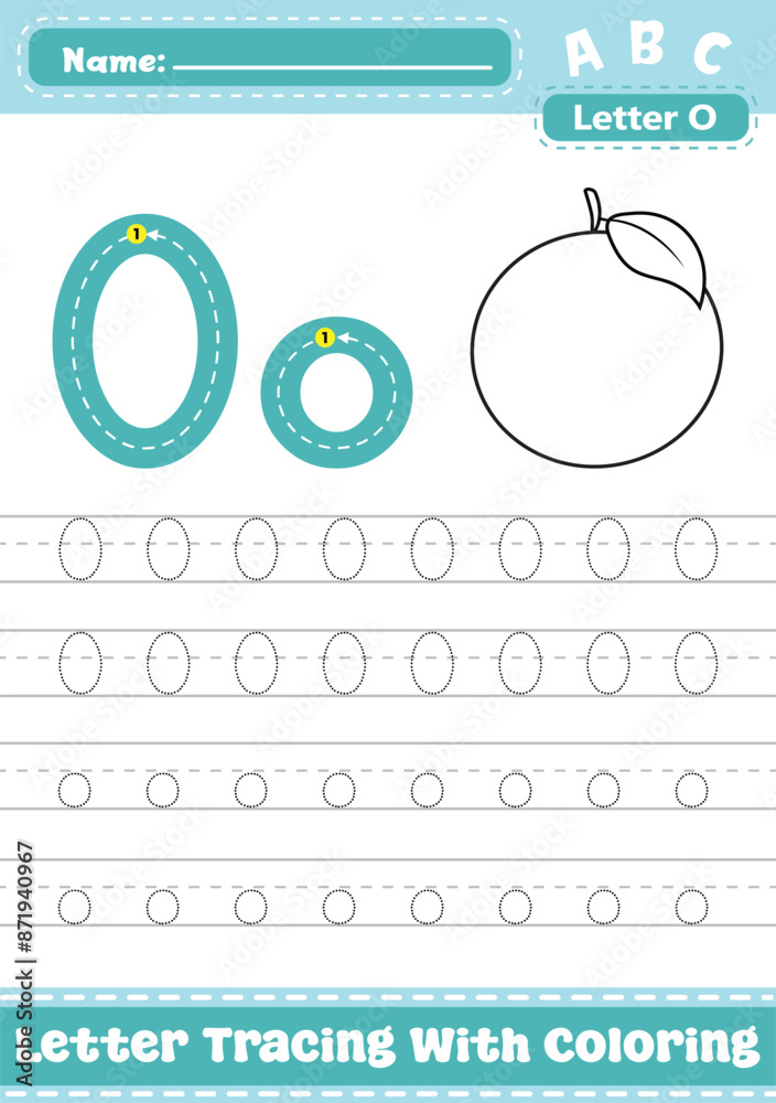 Letter O Uppercase Lowercase Tracing Worksheet with Coloring Apple ...