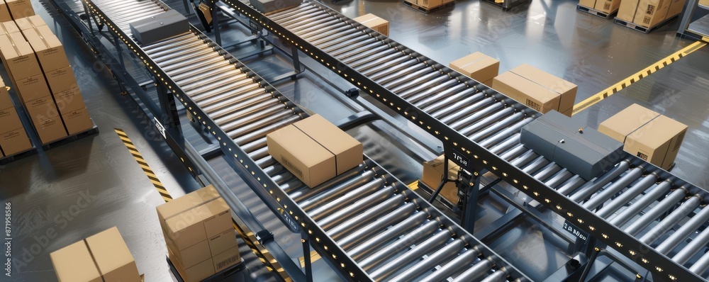 Automated distribution center conveyor belt logistics top view ...