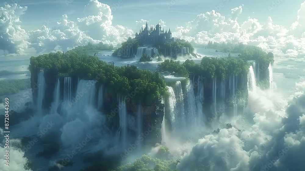 An anime fantasy scene of Niagara Falls, surrounded by floating islands ...