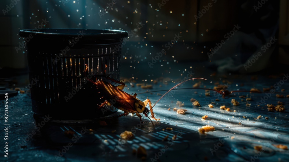 A creepy cockroach crawls out of a tipped trash bin, illuminated by a ...