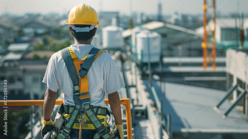 Construction worker wearing safety helmet and harness diligently ...