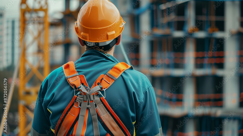 Construction worker wearing safety helmet and harness diligently ...
