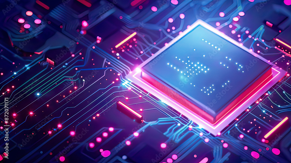 Futuristic microchip processor with lights on blue background quantum computer large data ...