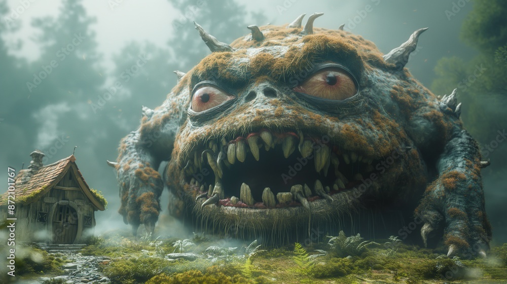 Illustration Stock A Huge Scary Creature Appears From A Foggy Forest ...