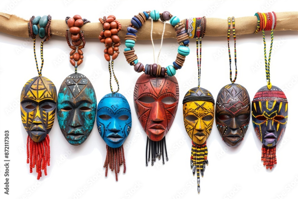 A colorful arrangement of traditional African masks and necklaces ...
