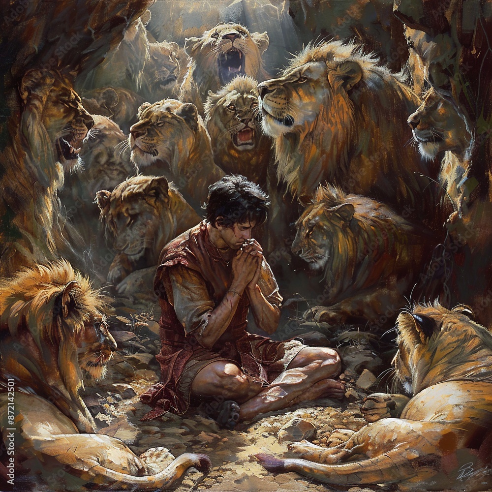 Powerful scene of Daniel in the lion's den, surrounded by lions but ...