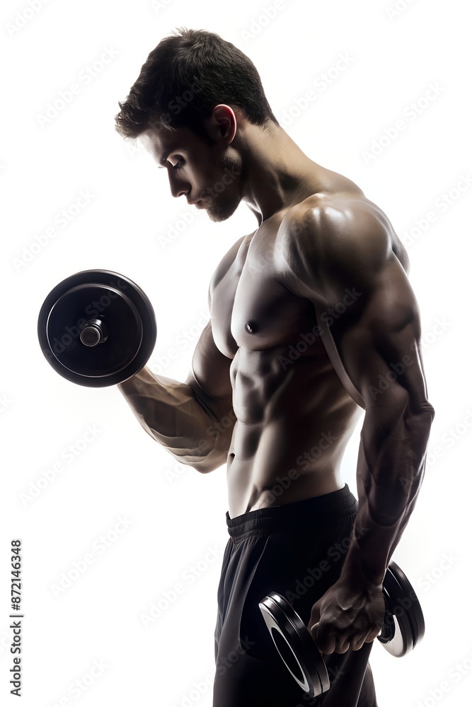 Shirtless bodybuilder lifting a dumbbell. Side view, cut out. Stock ...
