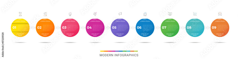 Business vector infographics with 9 circles and arrows. Timeline ...