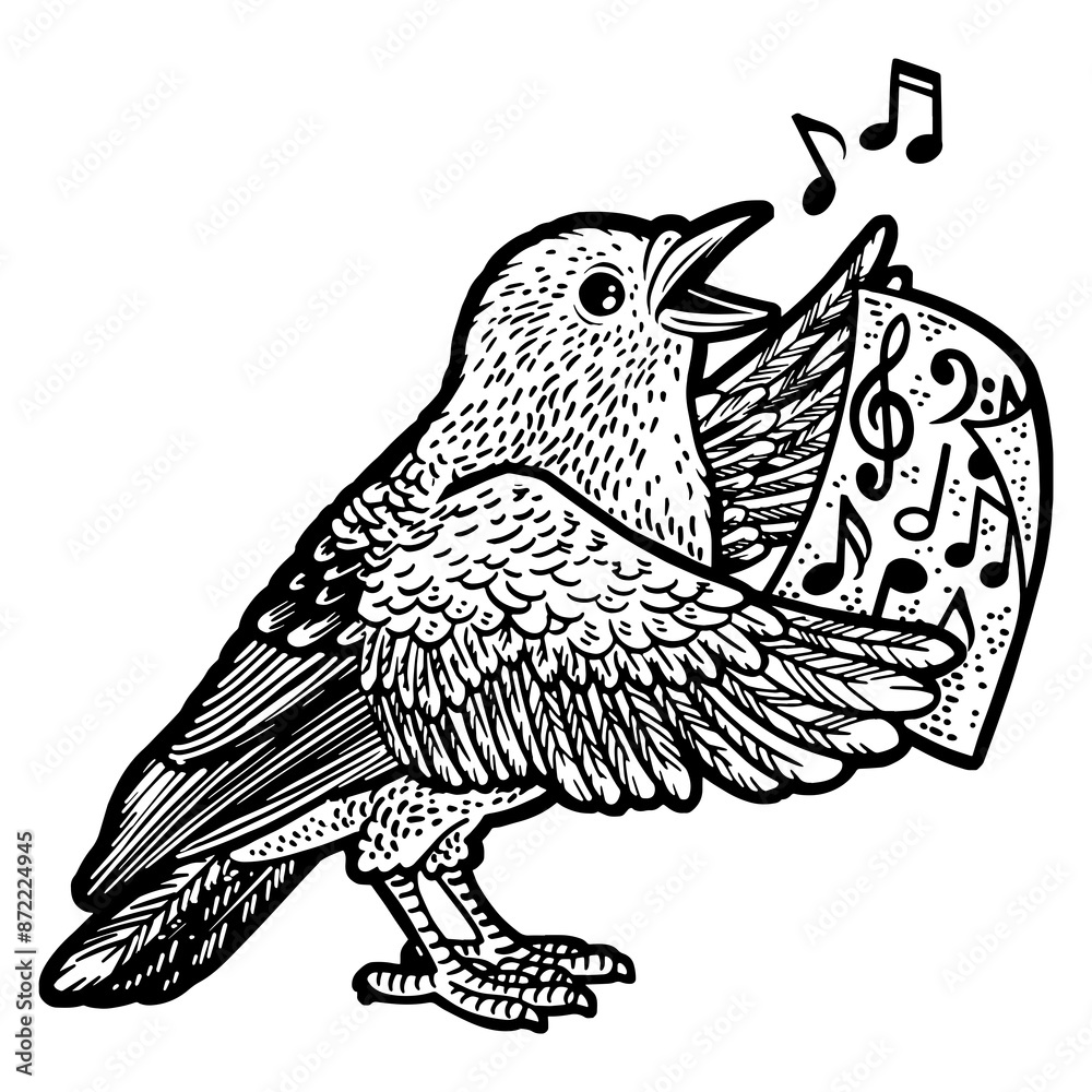 cartoon bird singing song by sheet music notes sketch engraving PNG ...